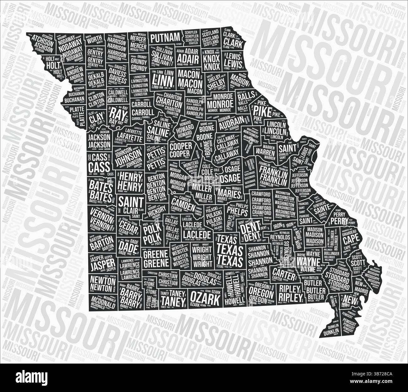 Missouri counties map word cloud. Missouri region names. Black and ...