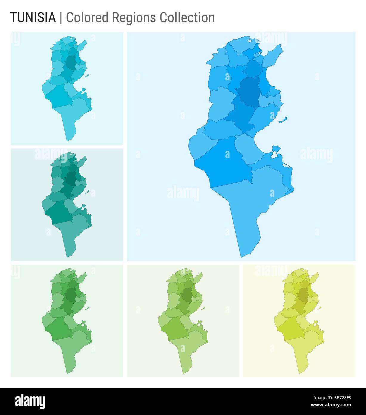 Tunisia map collection. Country shape with colored regions. Light Blue ...