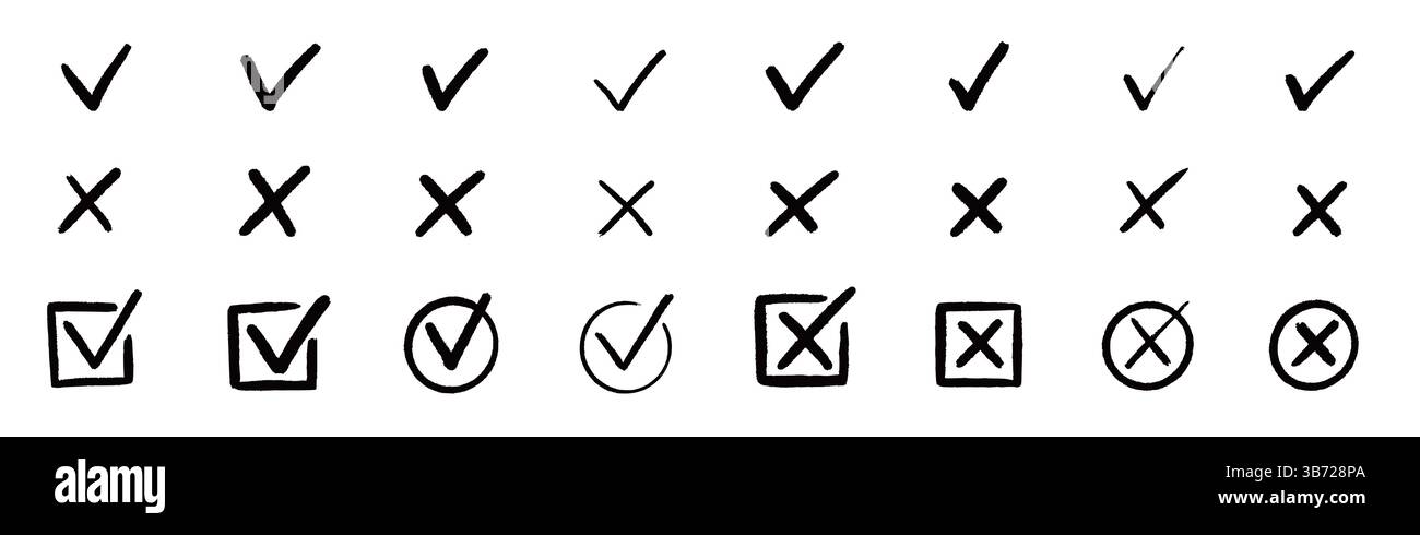 Check the mark icon set. Hand drawn doodle checklist correct, cross, ok ...