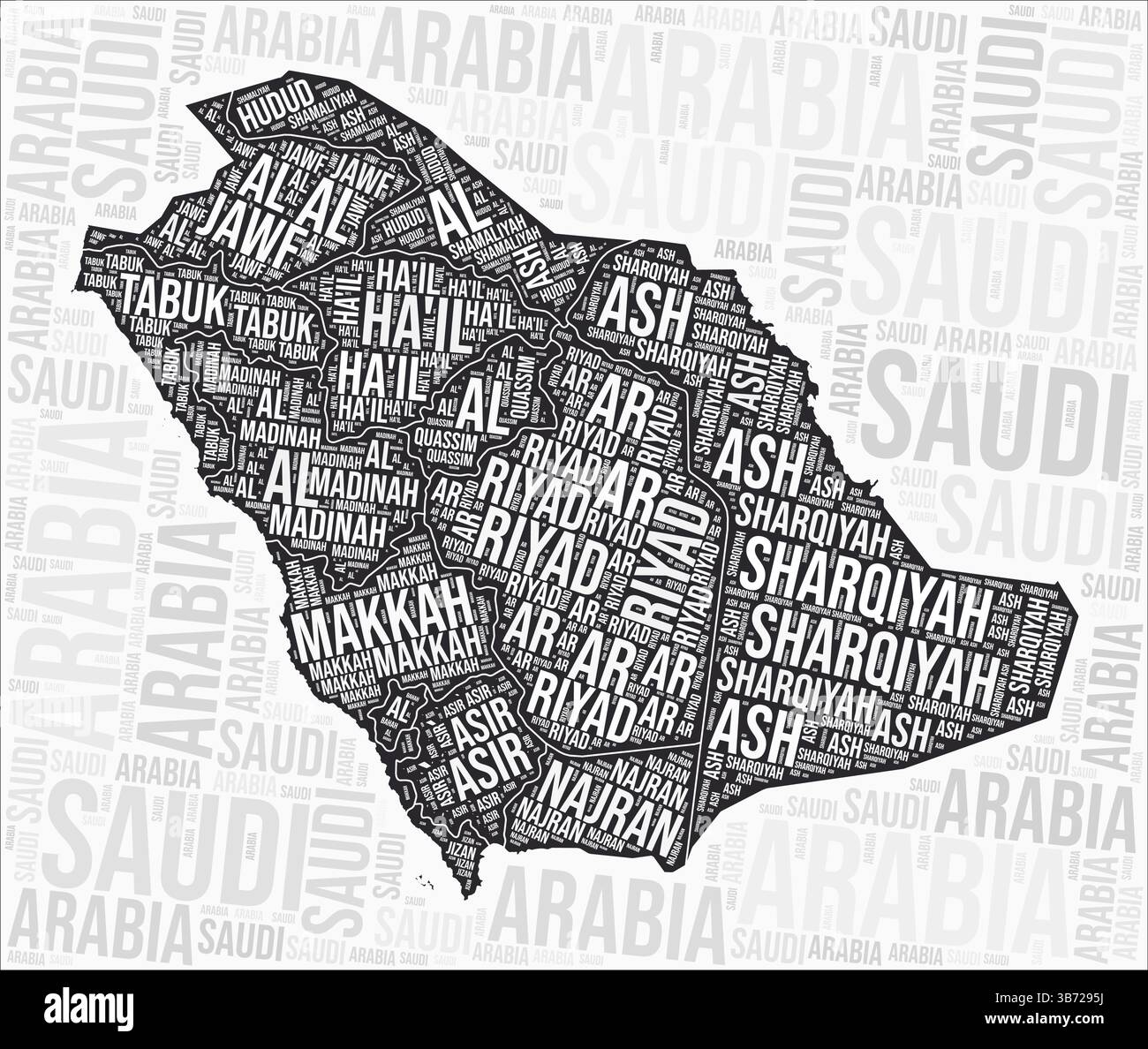 Saudi Arabia regions map word cloud. Saudi Arabia region names. Black ...