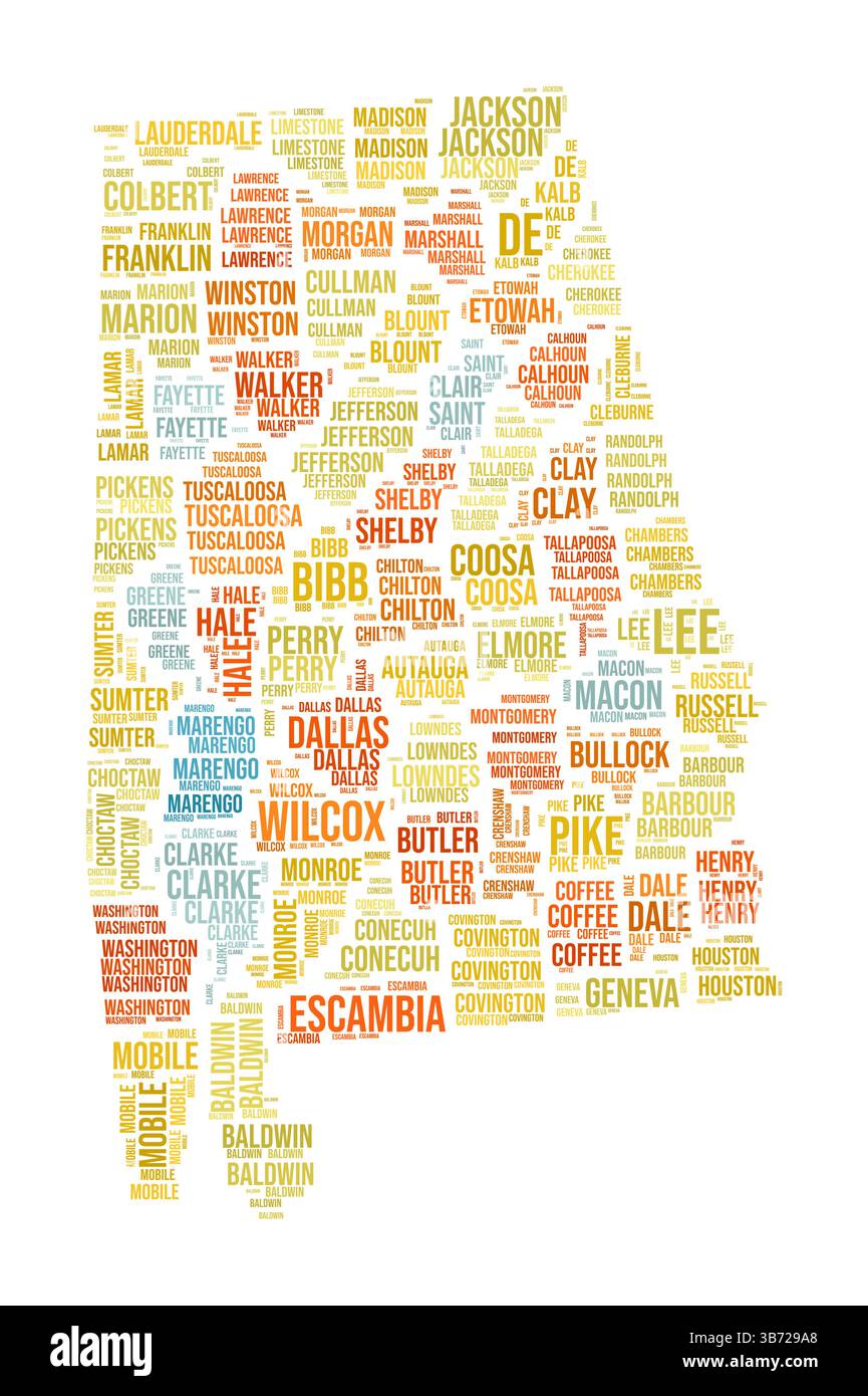 Alabama Word Cloud. State shape with county division. Alabama ...