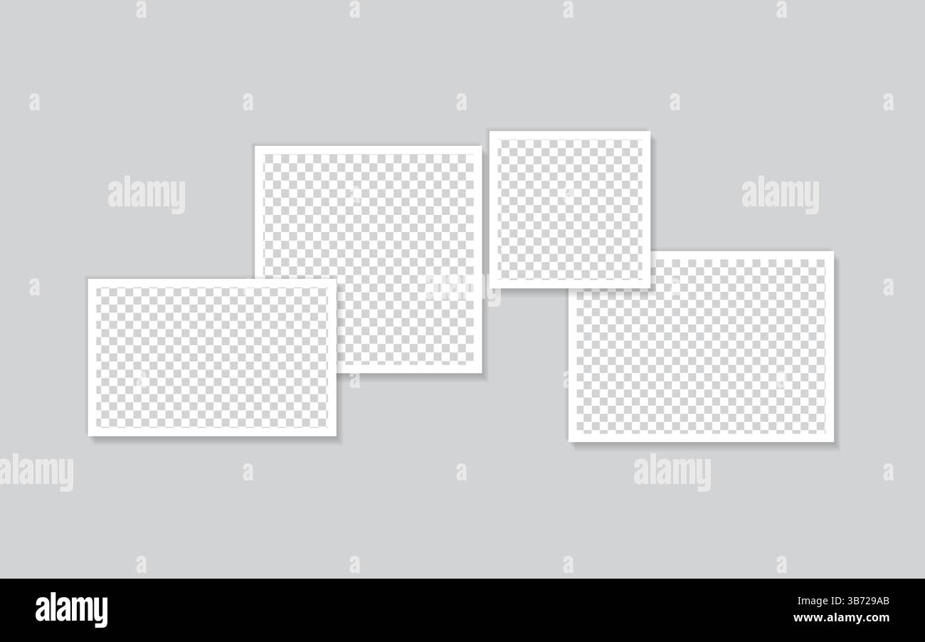 Set of various polaroid photo frames with adhesive tape on a transparent background. Minimalist ...