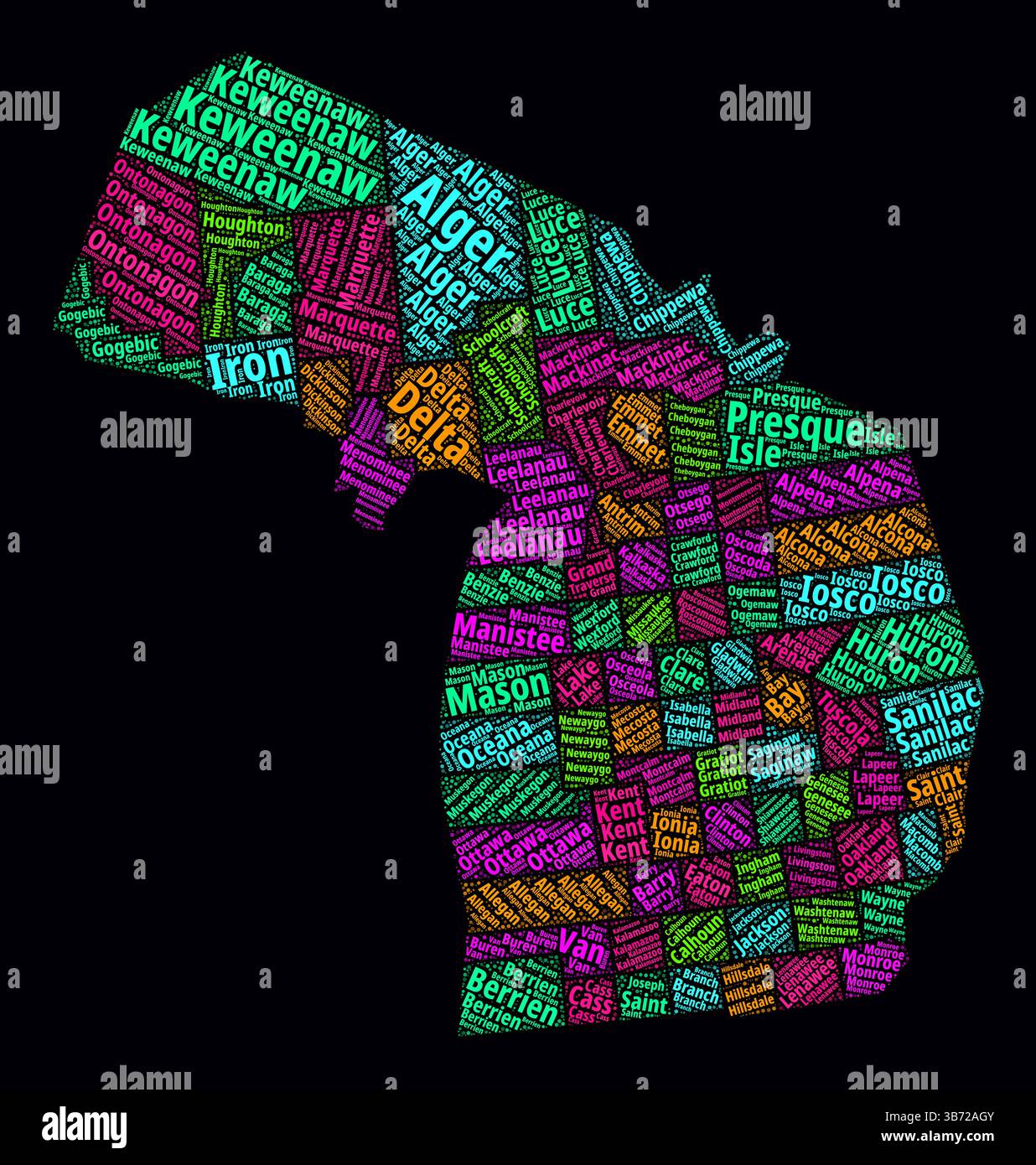 Michigan Regions Word Clouds. Bright typographic style design on dark ...