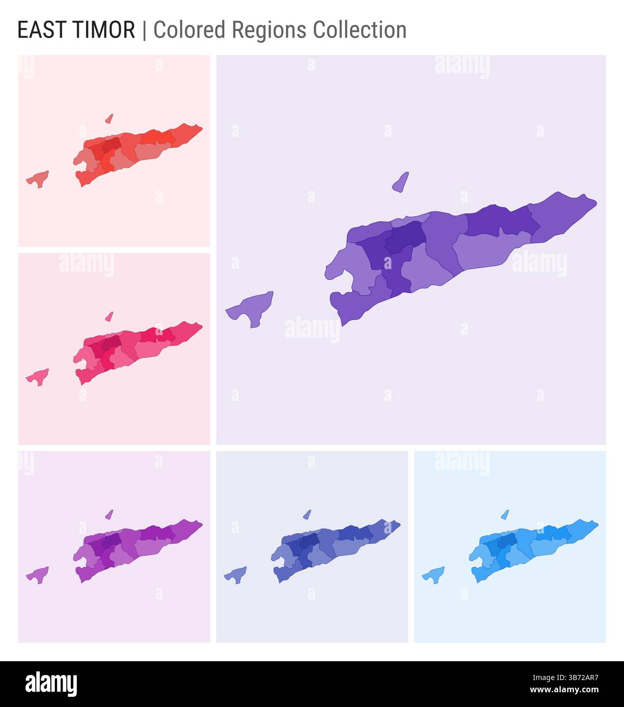 Timor-Leste map collection. Country shape with colored regions. Deep Purple, Red, Pink, Purple ...