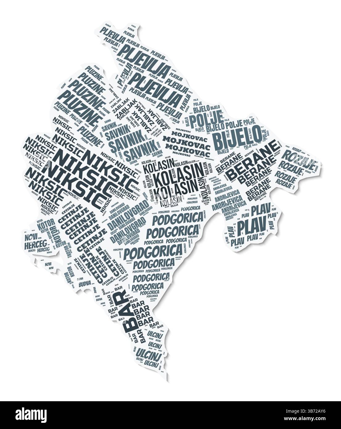Montenegro shape text cloud. Country border with shadow on white ...