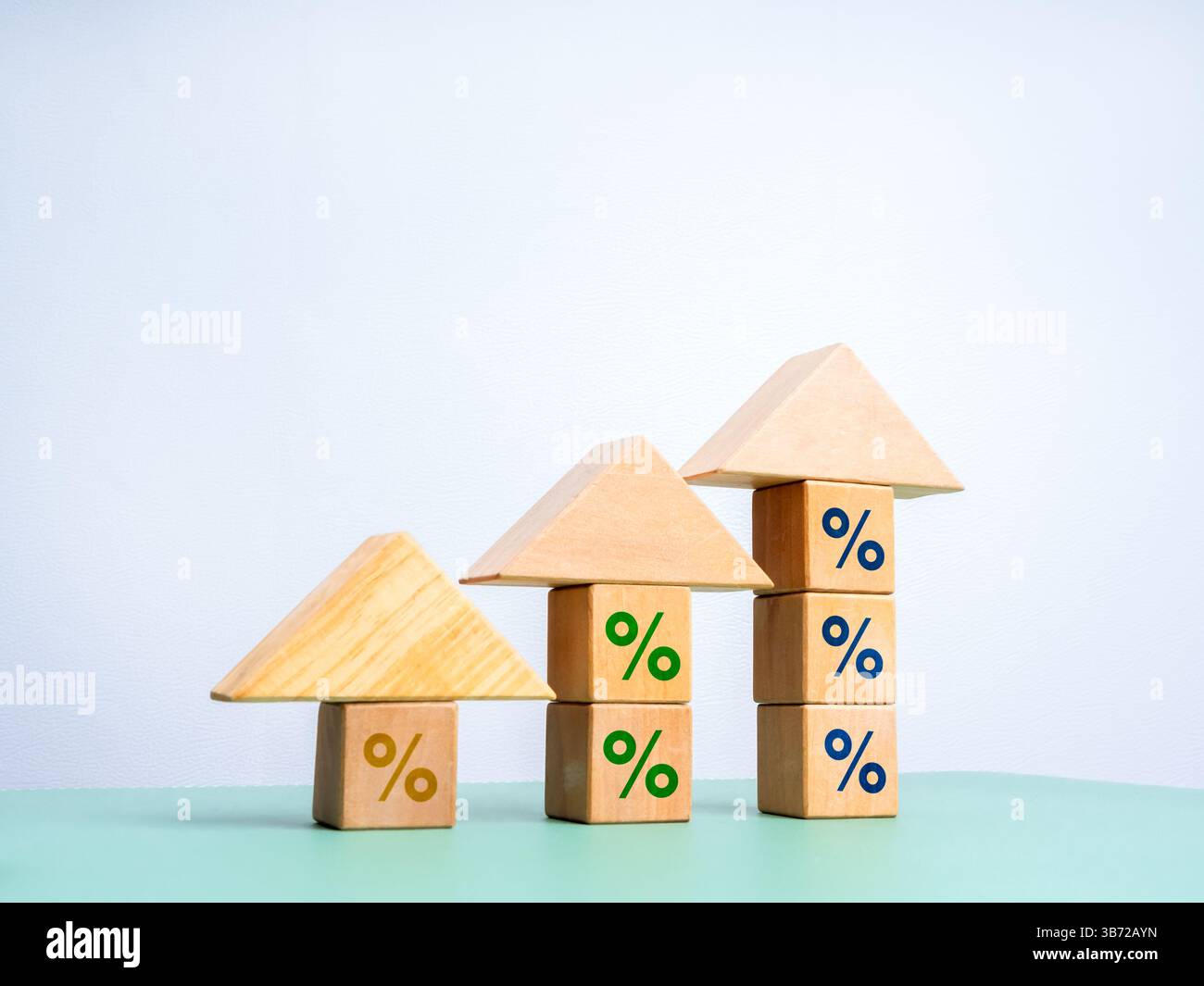 Colors percentage icons on three wooden arrowheads built by cube blocks ...