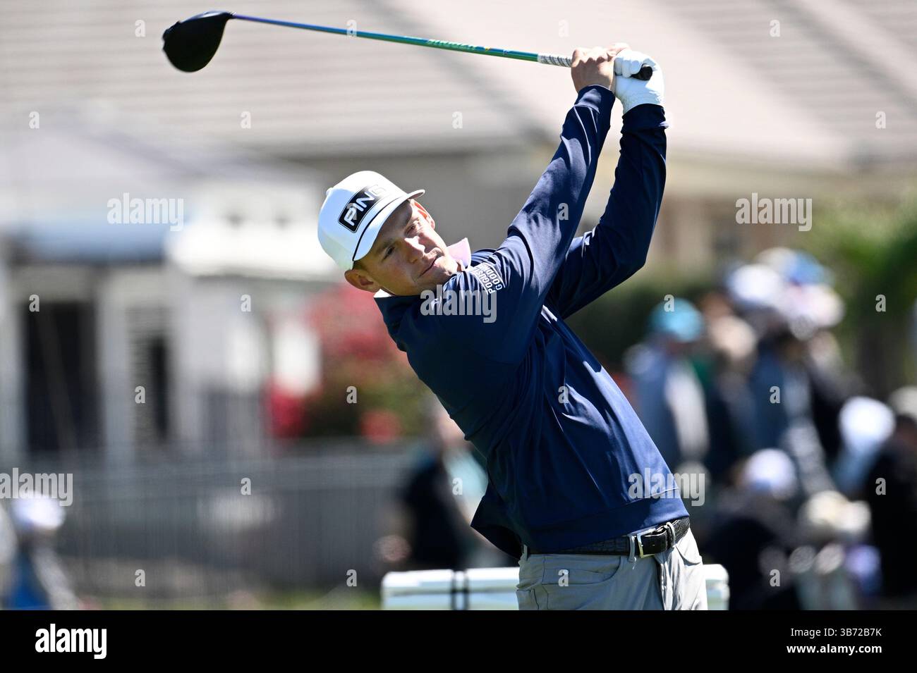 Sam Stevens sets up to hit his tee shot on the sixth hole during the ...