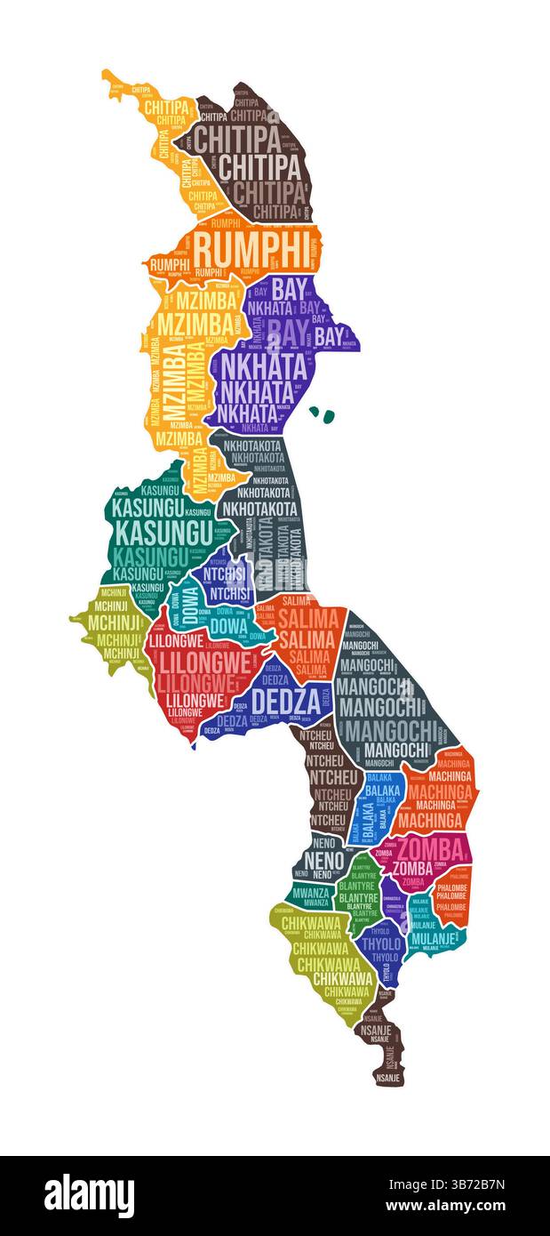 Malawi shape. Country word cloud with region division. Malawi colored ...