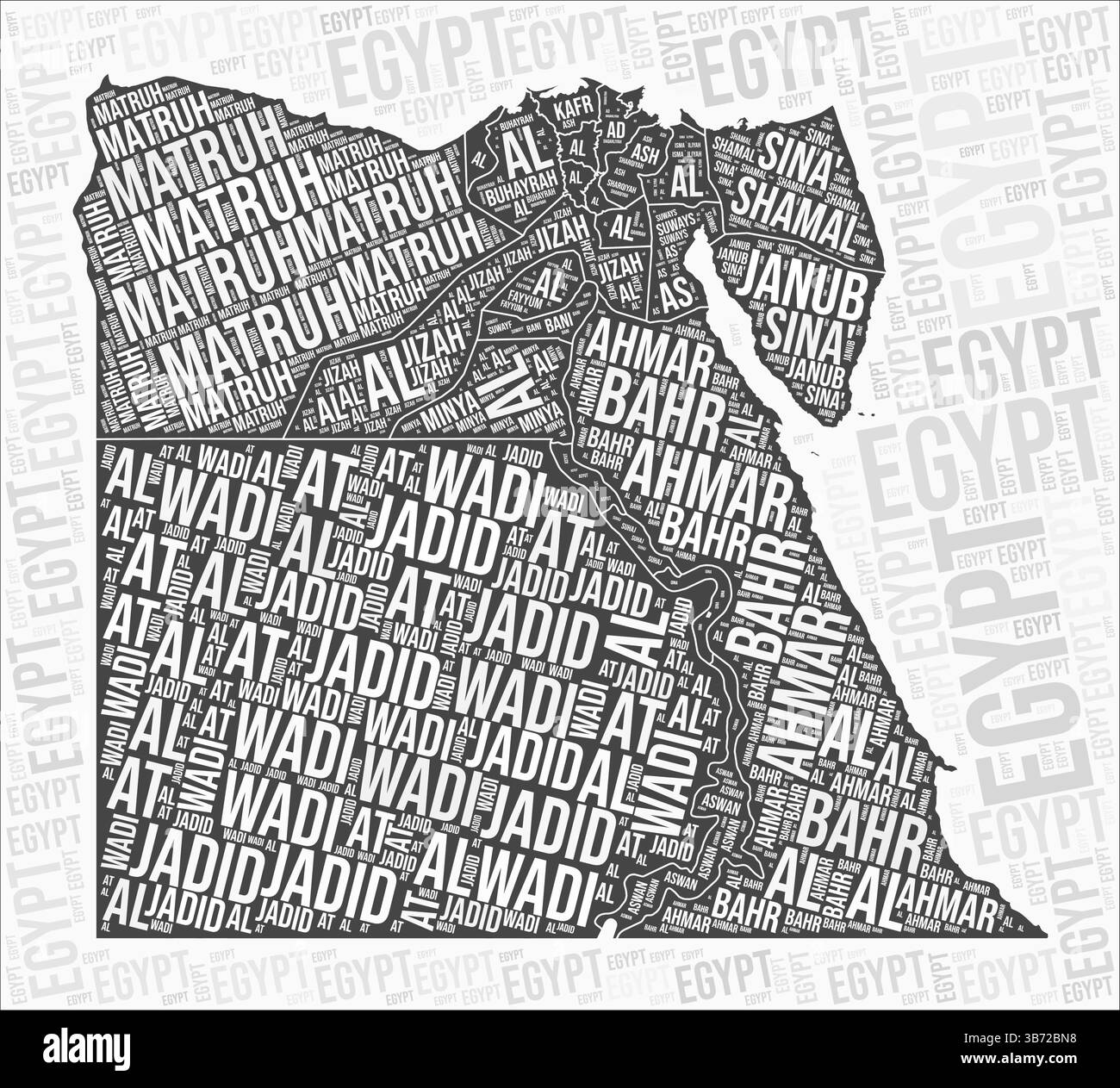 Egypt regions map word cloud. Egypt region names. Black and white map ...