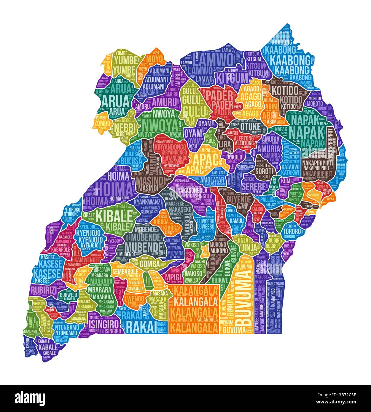 Uganda shape. Country word cloud with region division. Uganda colored ...