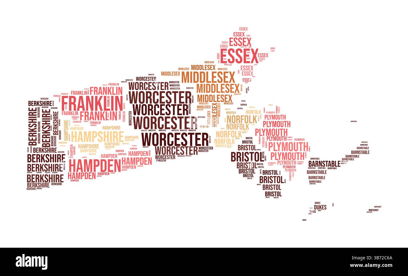 Massachusetts Word Cloud. State shape with county division ...