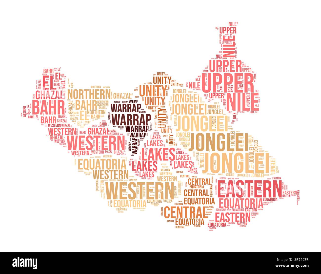 South Sudan Word Cloud. Country shape with region division. South Sudan ...