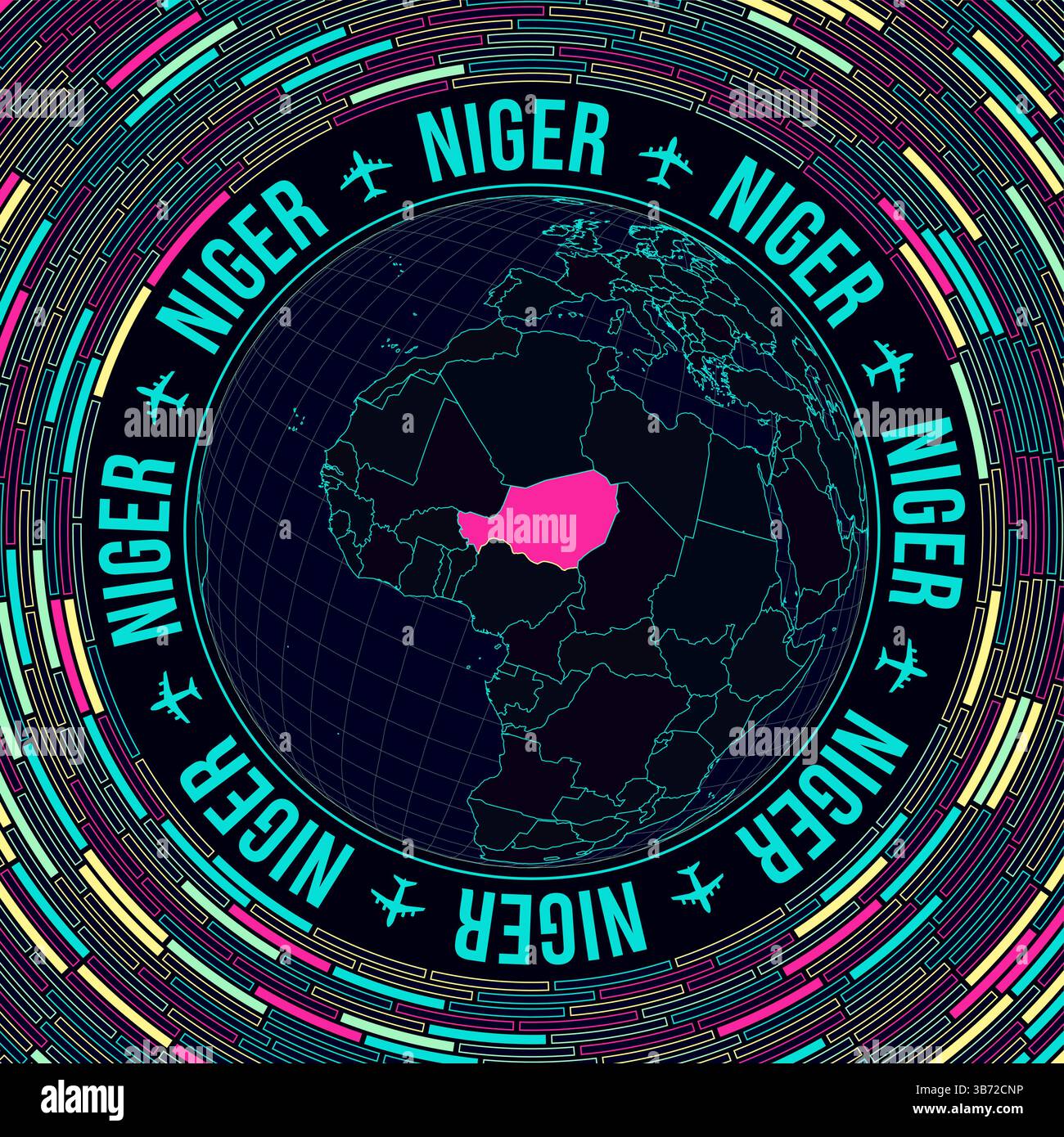 Niger on globe. Satellite view of the world centered to Niger. Bright neon style. Futuristic ...