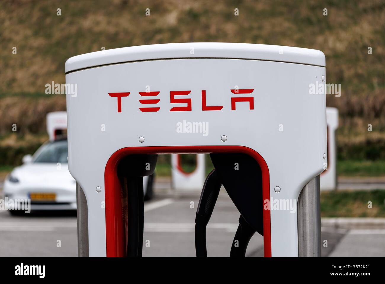 Brenner, Italy. 26th Apr, 2025. The Tesla brand logo and lettering can ...