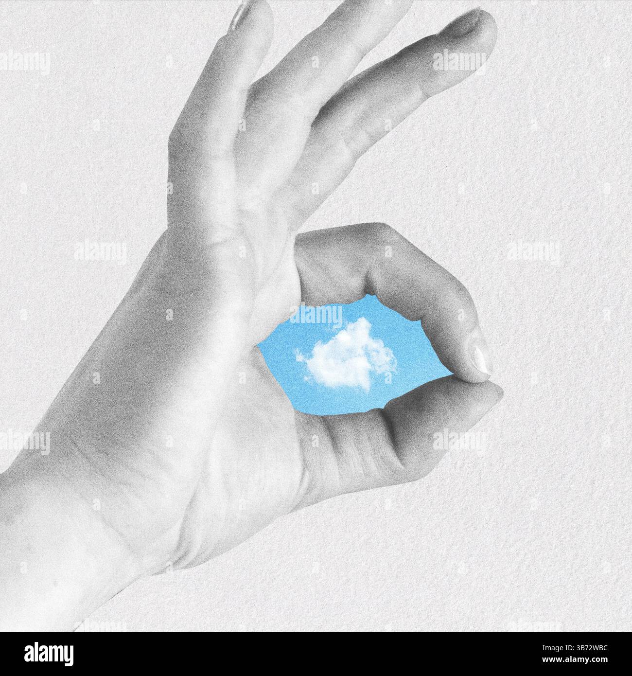 Abstract collage illustration of black and white OK hand sign and blue ...