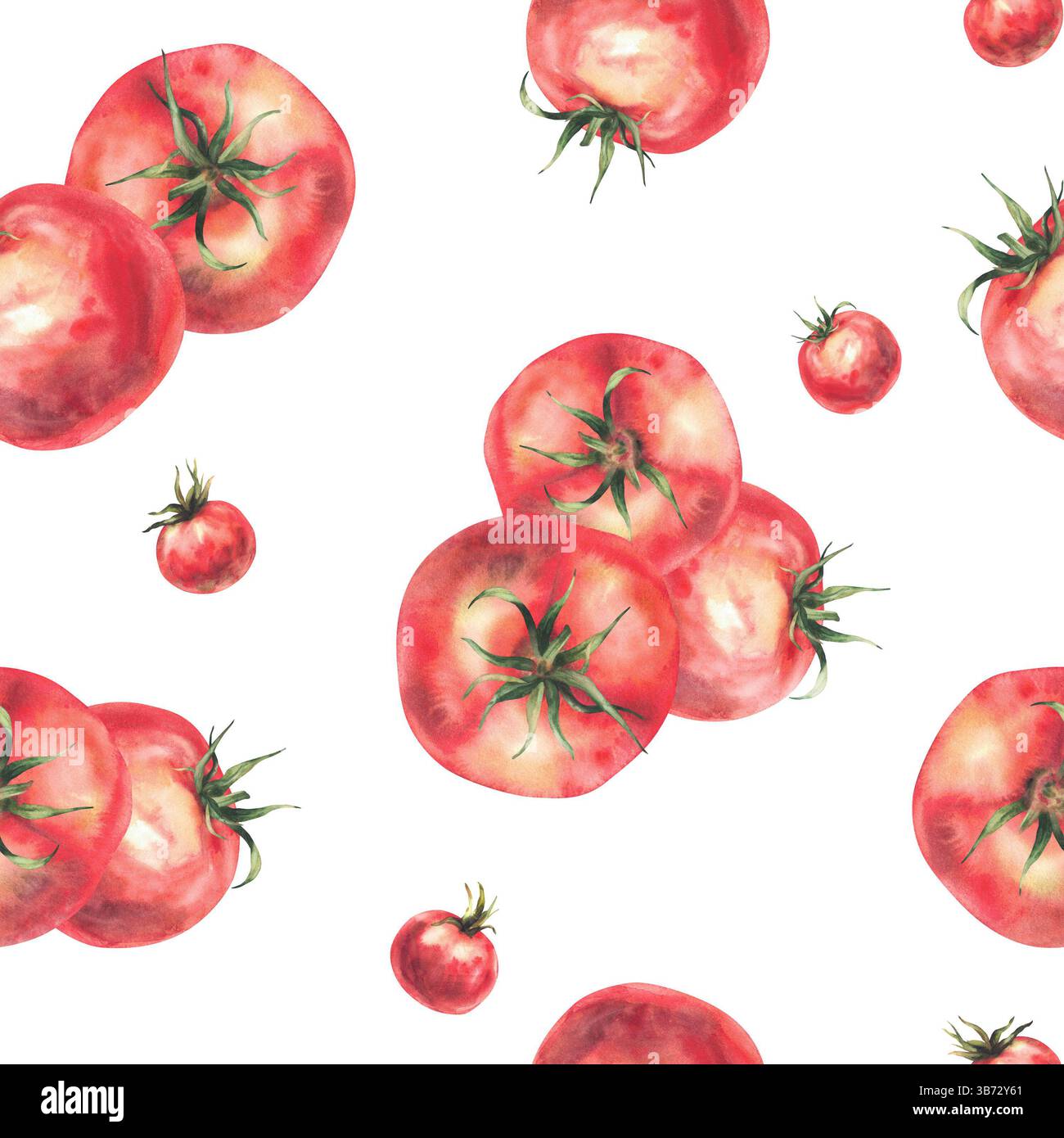 Big red tomatoes and cherry tomato in different sizes seamless pattern. Watercolor realistic ...