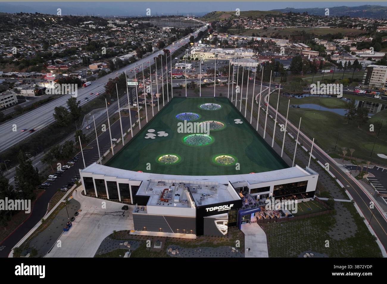 An aerial view of Topgolf, Monday, April, 28, 2025, in Montebello, Calf ...