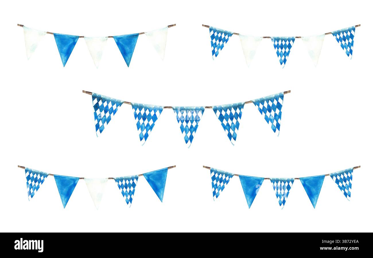 Watercolor Flags on the rope. Blue, white, rhombus triangular pennant ...