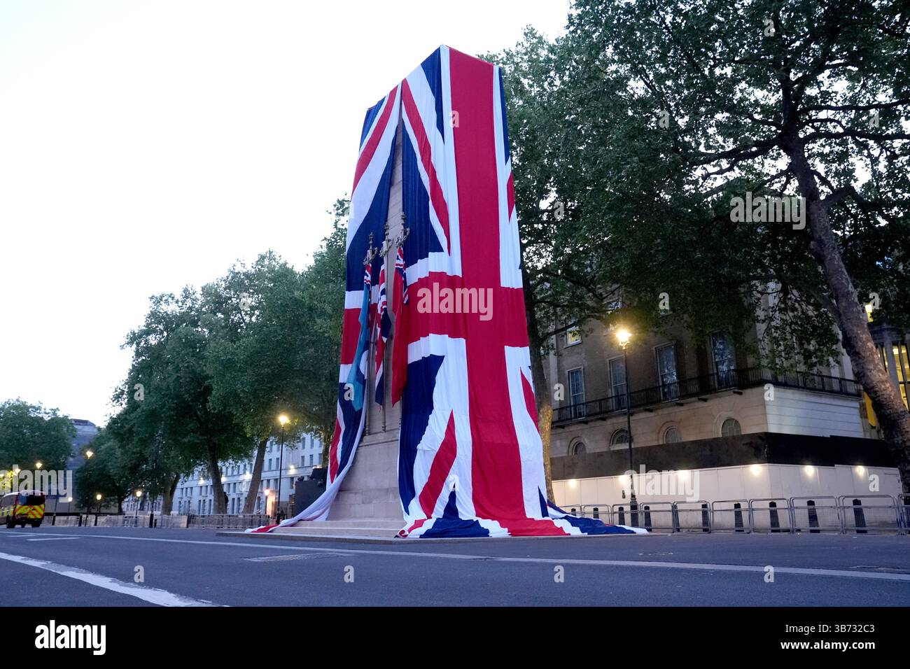 The Cenotaph on Whitehall is dressed in the Union flag ahead of a ...