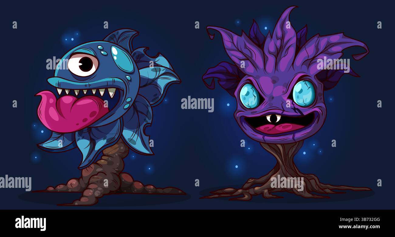 Scary cartoon plant monsters - bizarre toothy blue creature and spooky ...