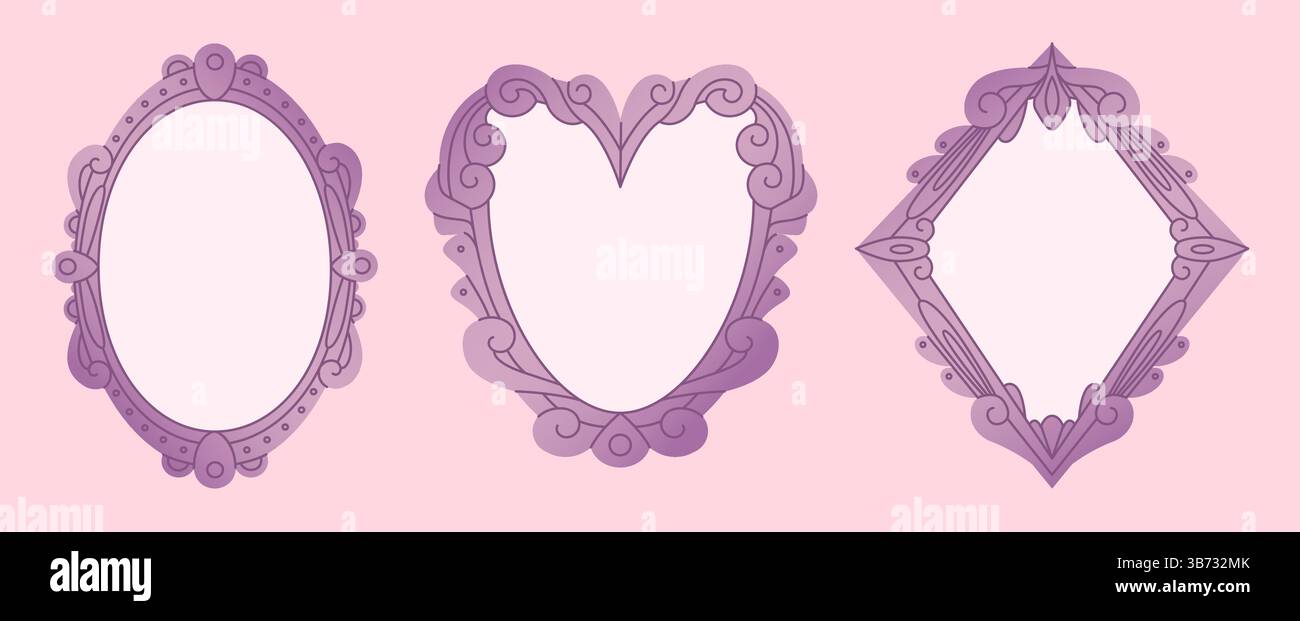 Antique purple mirror frames set isolated on background. Vector cartoon ...