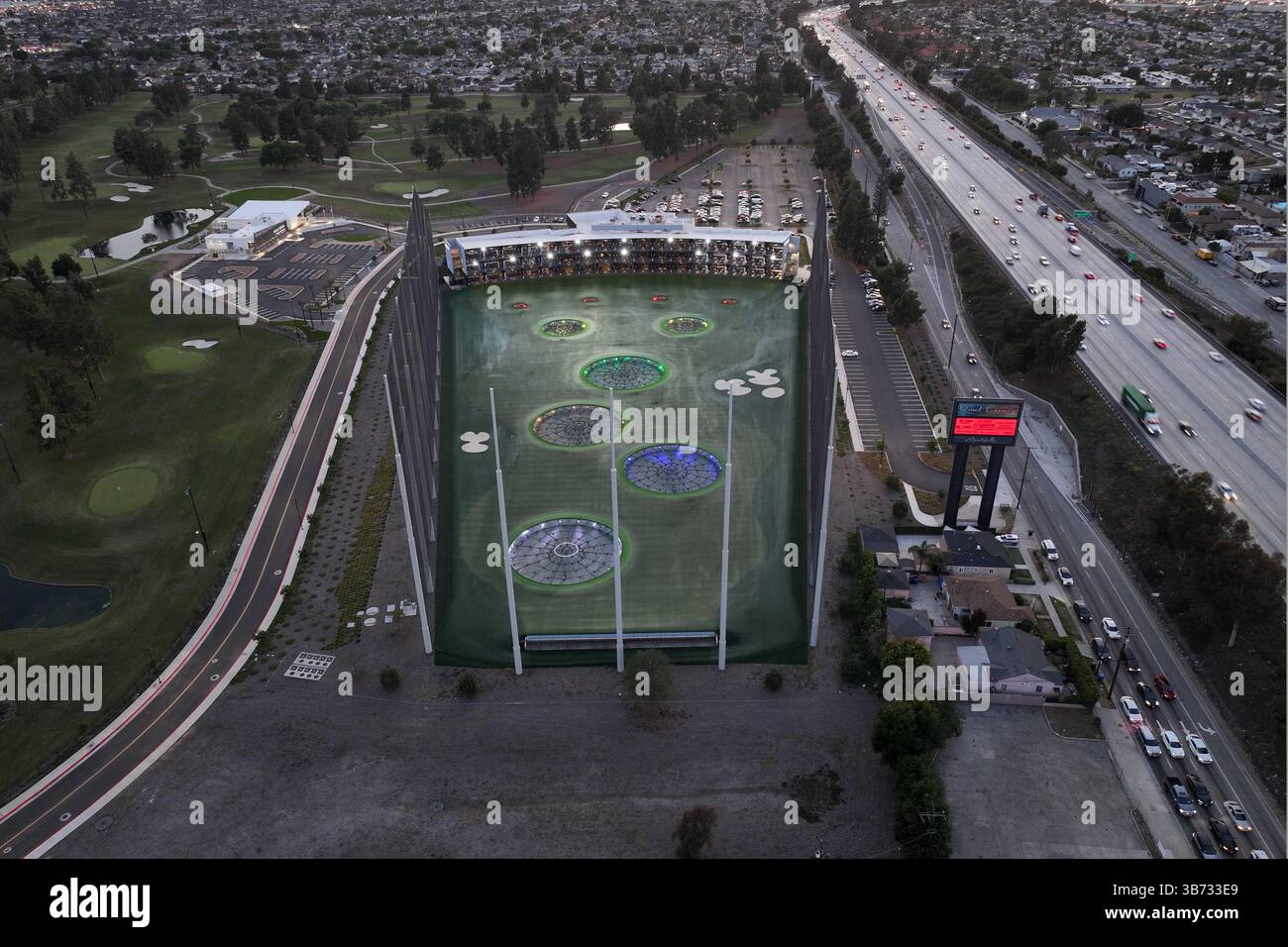 An aerial view of Topgolf, Monday, April, 28, 2025, in Montebello, Calf ...