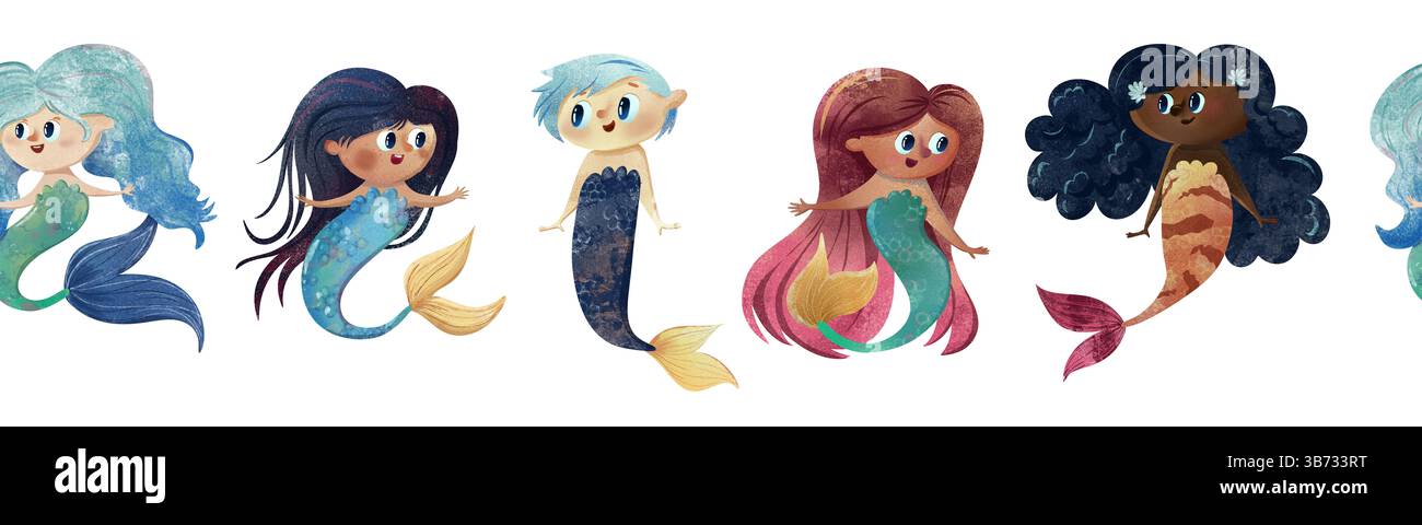 Seamless border with cheerful mermaid girls and one merman boy, all ...