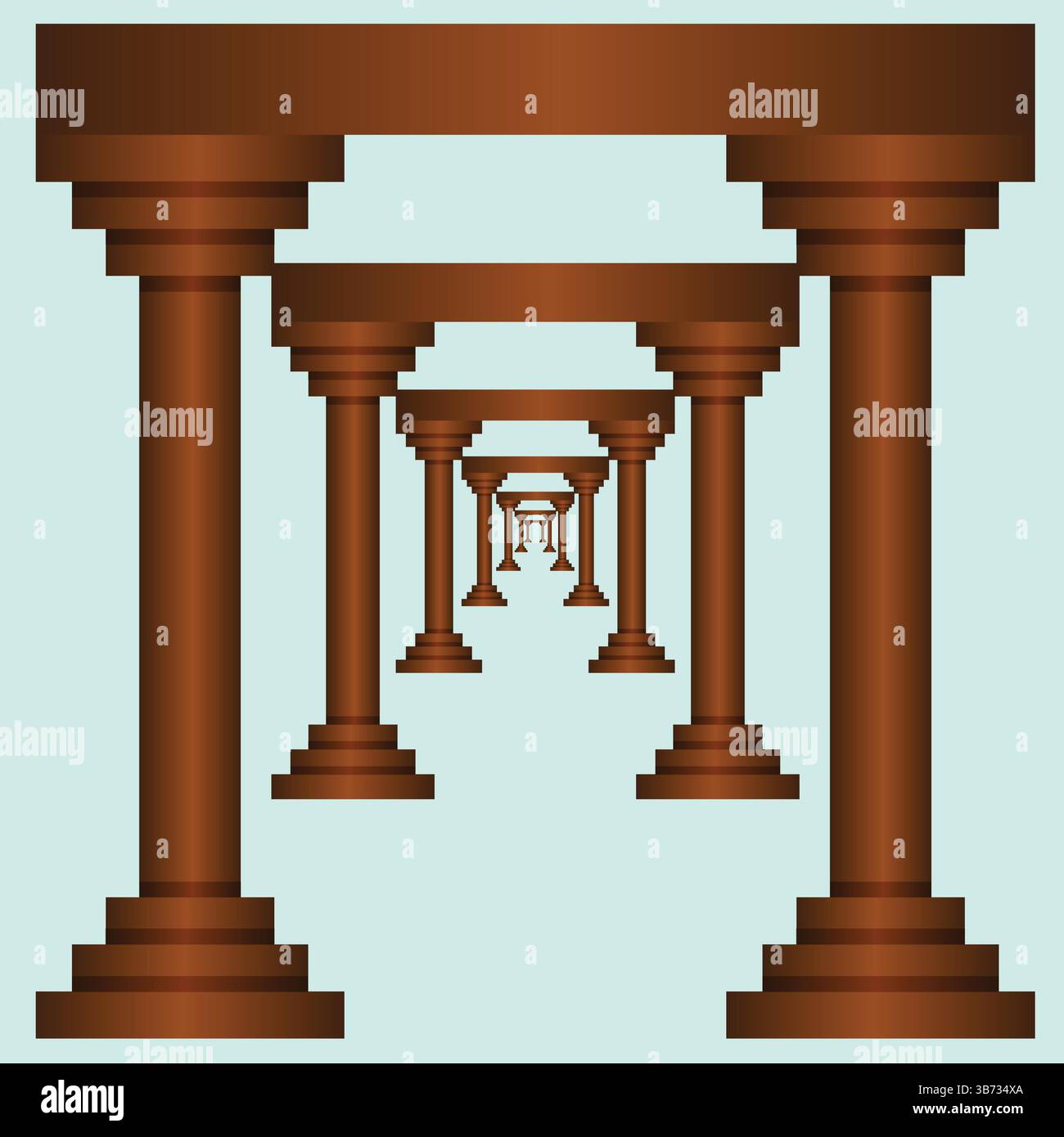 Gorgeous Roman corridor with columns and glowing heavenly light at the end. Brown corridor ...