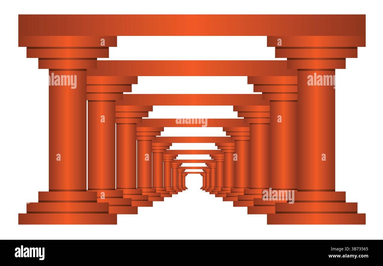 Gorgeous Roman corridor with columns and glowing heavenly light at the end, isolated on white ...