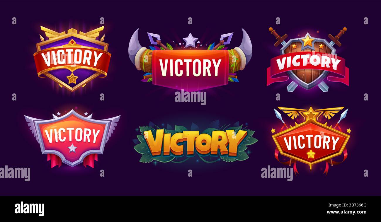 Game victory award badge icons, UI asset set. Vector game winner trophy ...