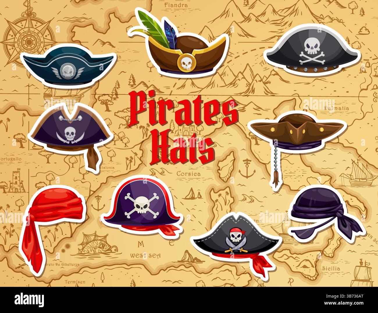 Pirate tricorn hats and corsair bandanas stickers on treasure map vector background. Cartoon ...