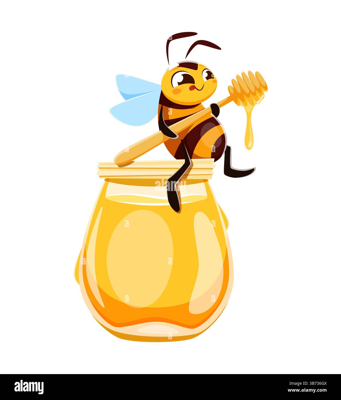 Honey bee character sitting on honey pot with dipper stick, cartoon ...