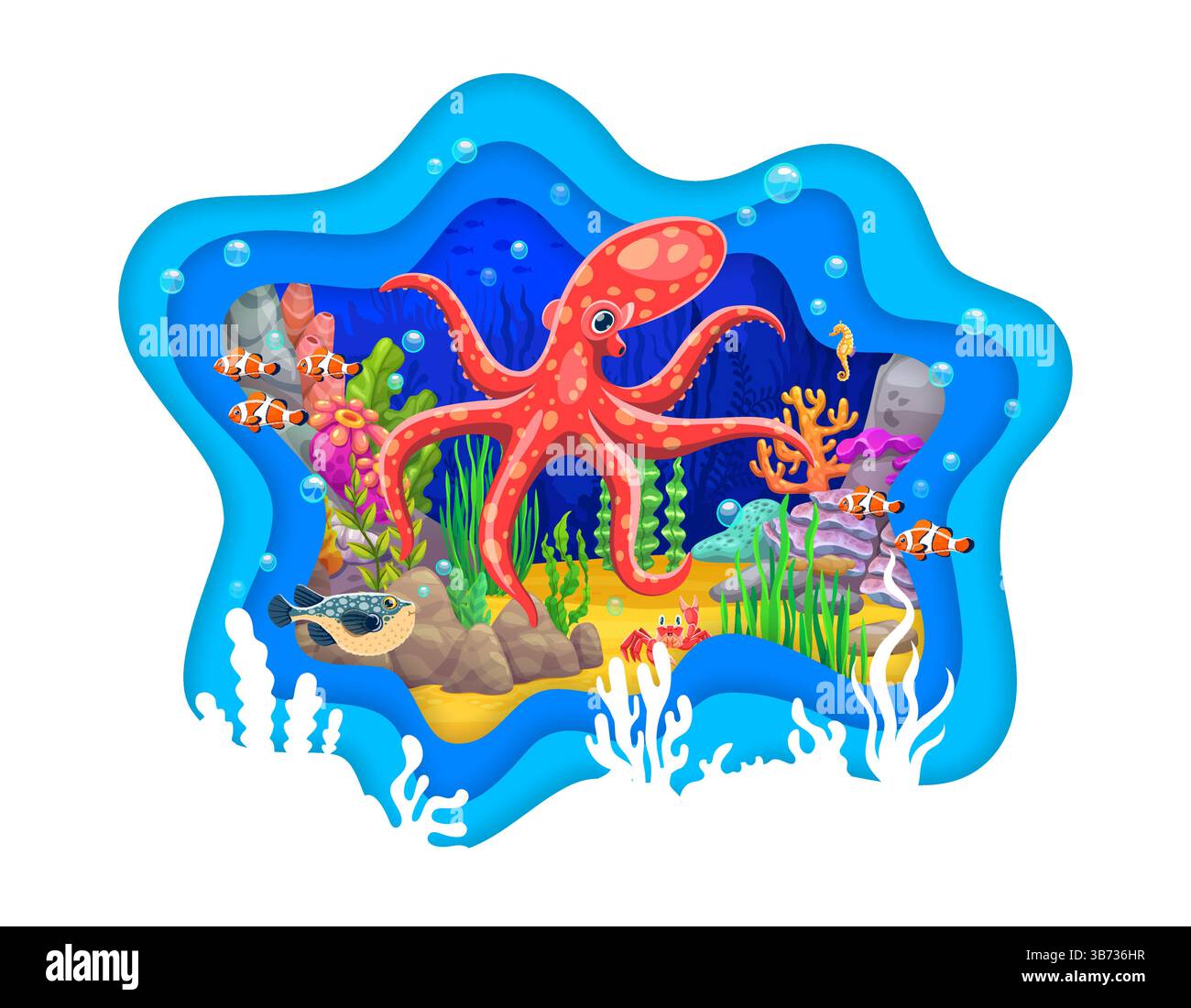 Paper cut underwater landscape with octopus character between seaweed ...