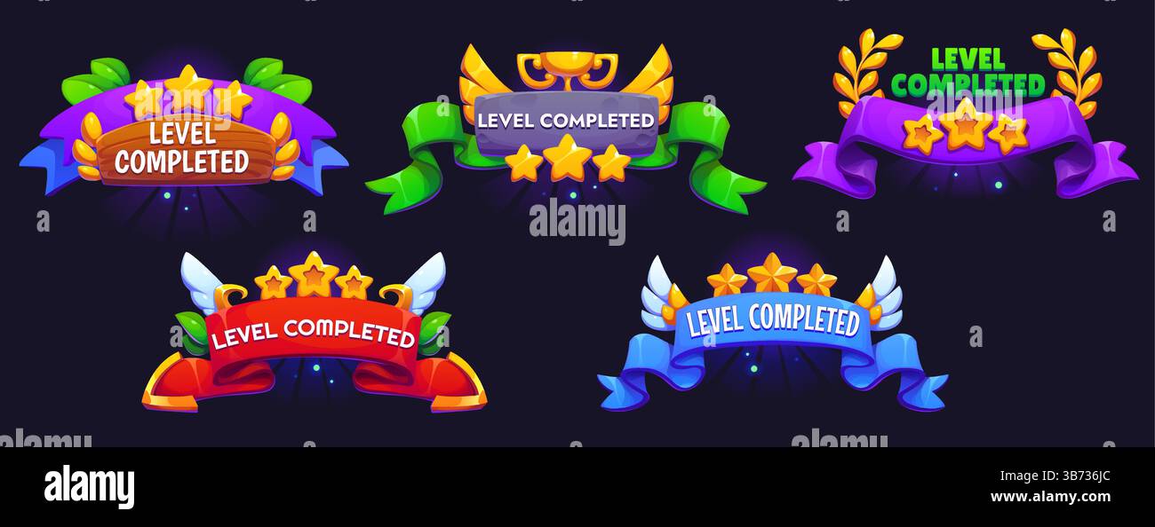 Level complete badges, level up game asset vector icons, awards and ...