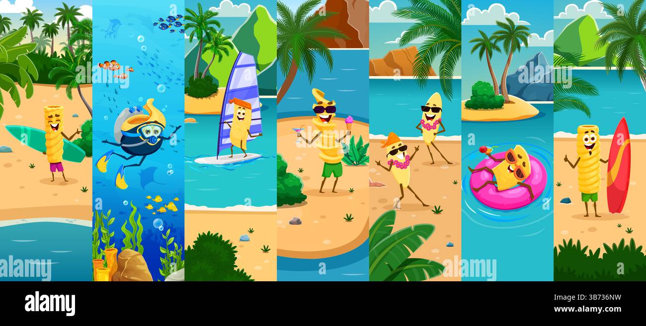 Cartoon funny italian pasta characters on summer vacation collage ...