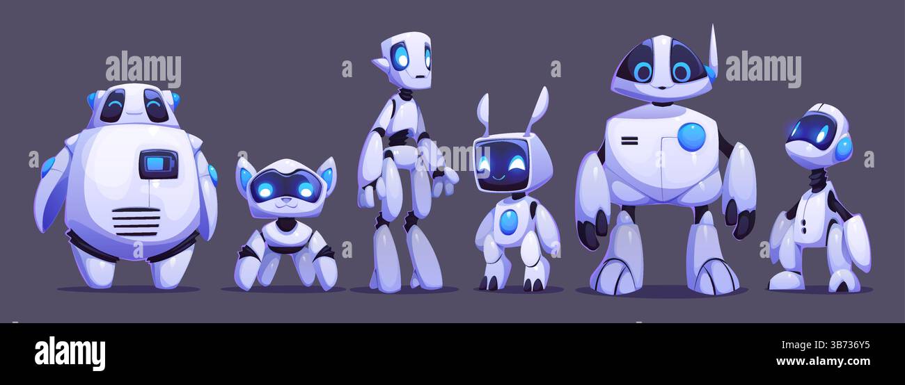 Cartoon futuristic robot mascot characters, digital droid and cyber animal bot toys, vector AI ...
