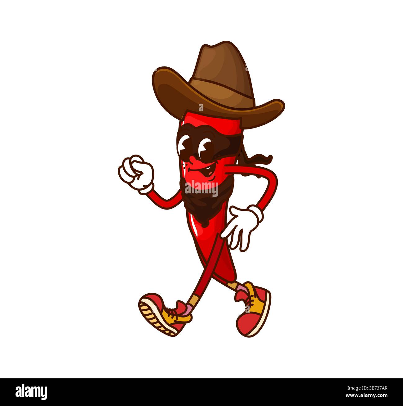 Cartoon groovy chili pepper cowboy and bandit vegetable character ...