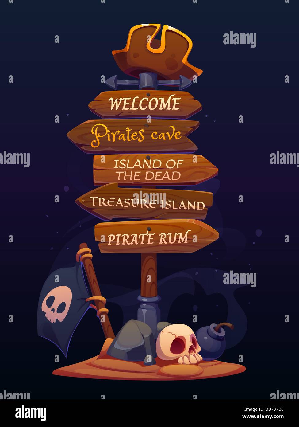 Pirate party sign board or wooden signage with corsair tricorn hat ...