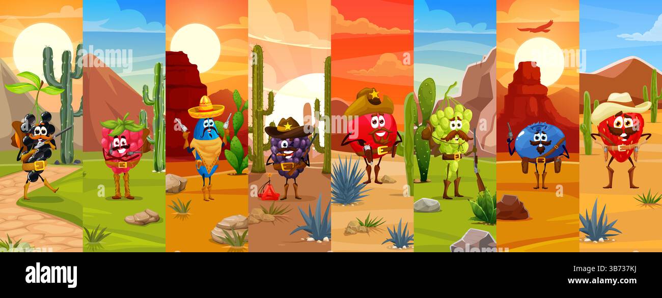 Cartoon berry cowboy sheriff and bandit characters collage. Vector ...