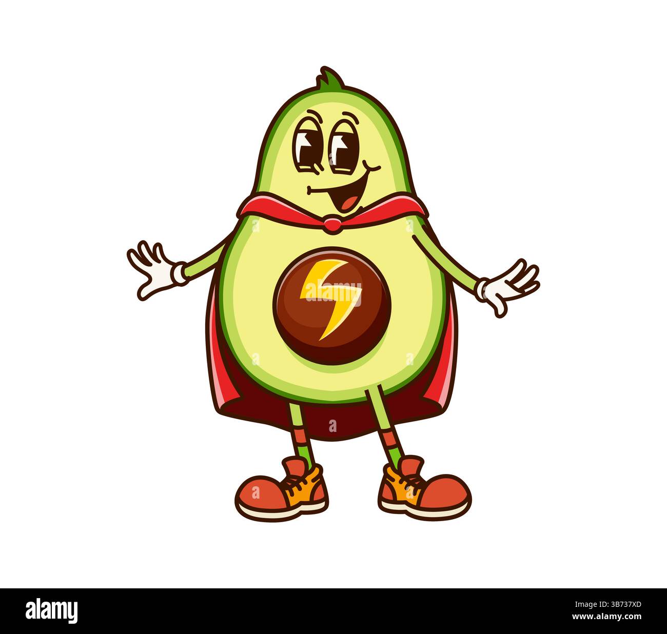 Avocado fruit superhero groovy cute character. Ripe tropical fruit hero ...
