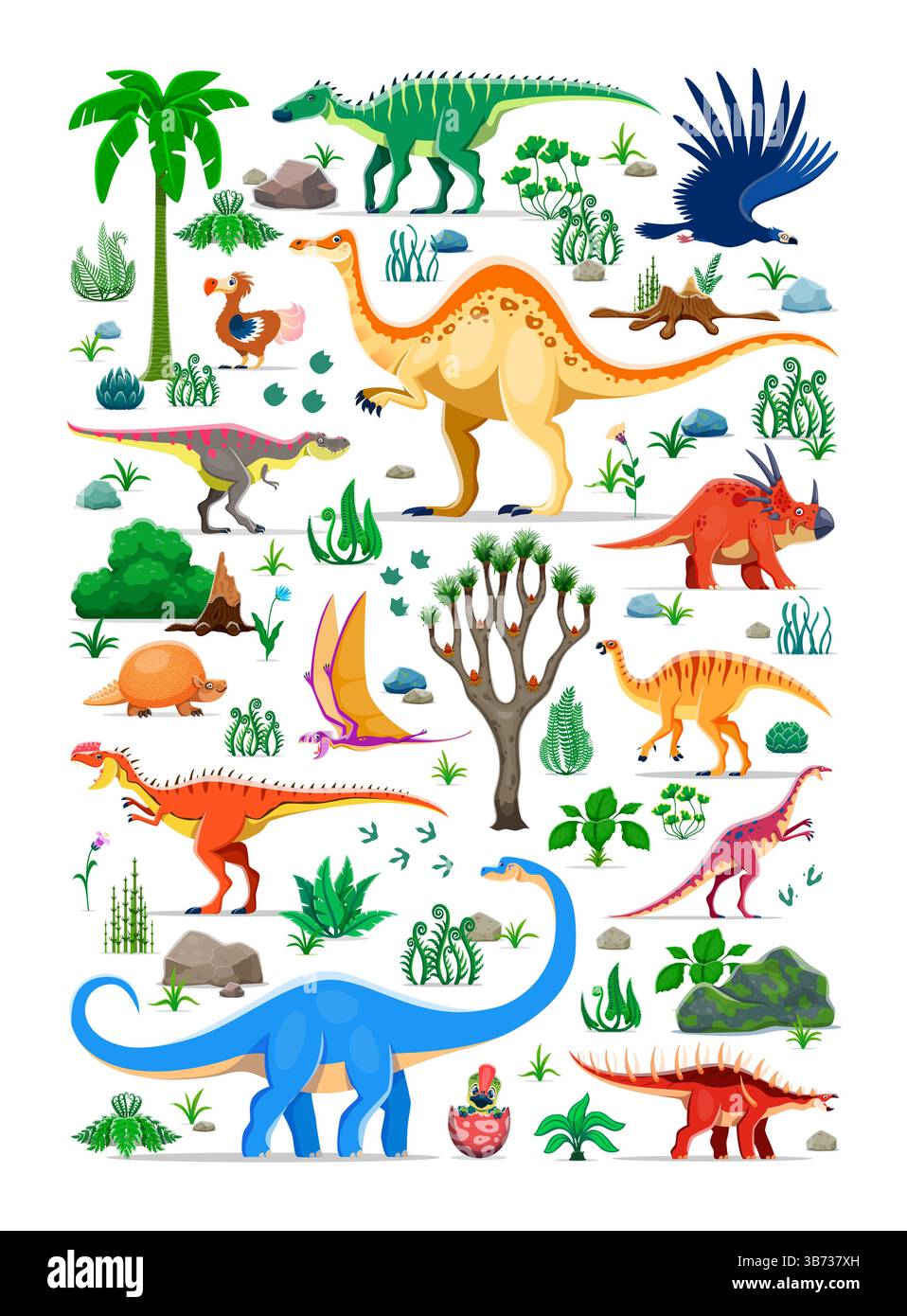 Cartoon prehistoric dinosaur animals, reptiles and baby dino in egg ...