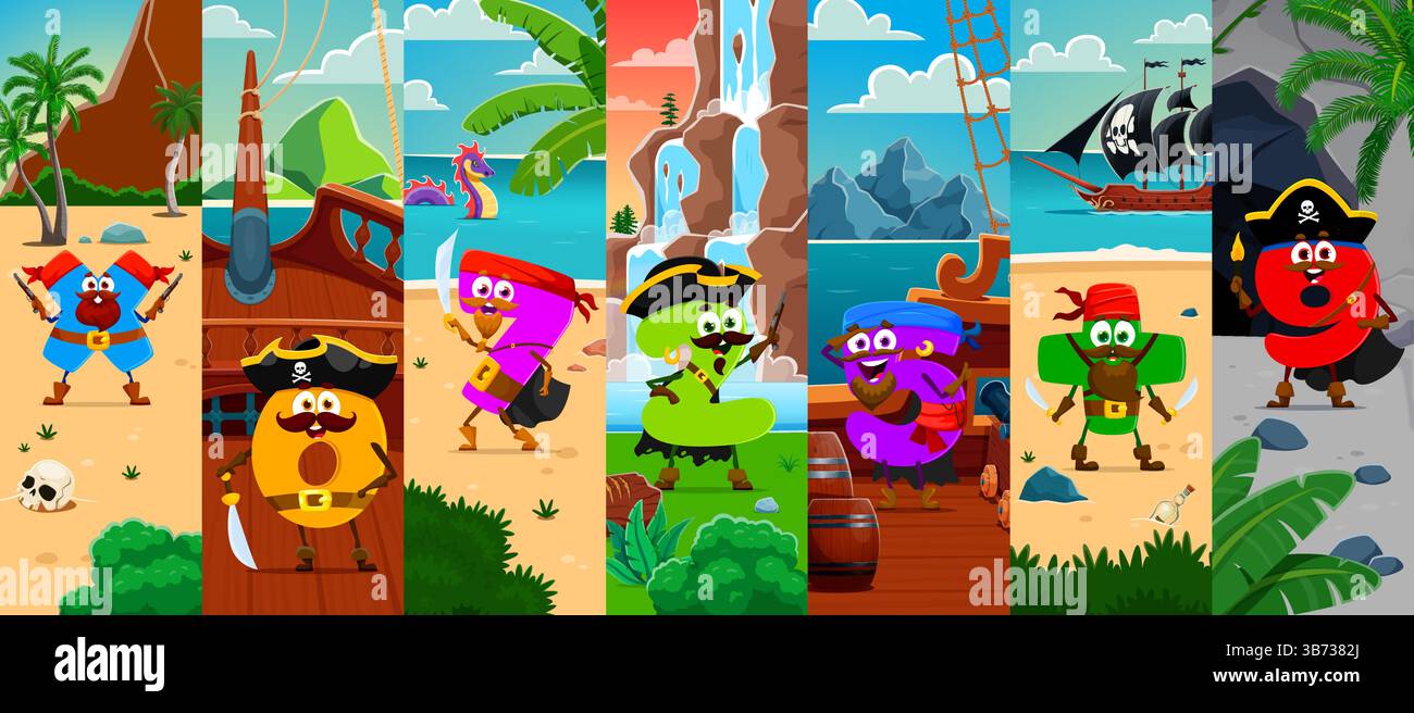 Cartoon math number pirate and corsair characters collage. Vector funny ...
