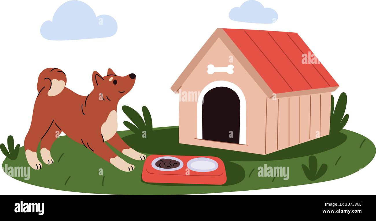 Contented dog eats food near booth in countryside. Vector concept Doggy ...