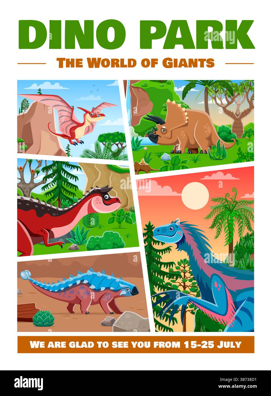 Dino park retro poster or flyer with cartoon prehistoric dinosaur ...