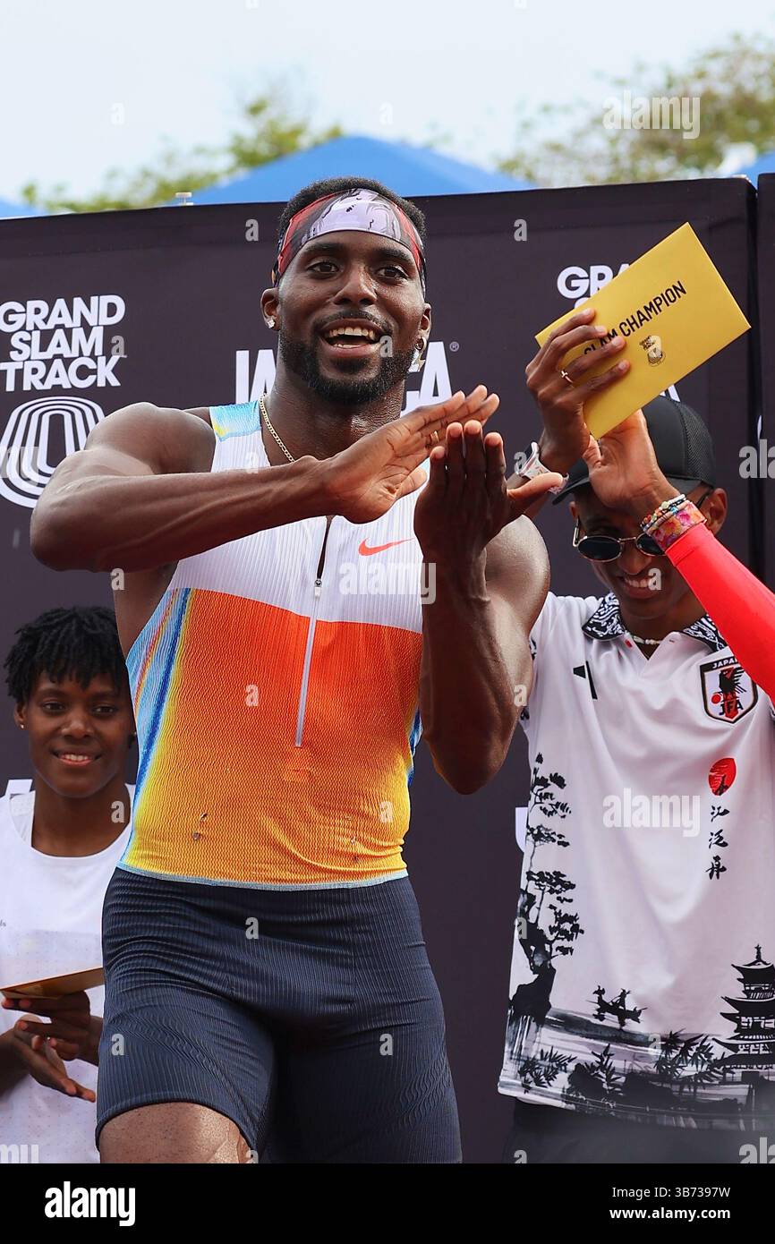 Kenny Bednarek celebrates being a Grand Slam Track Slam Champion at the ...