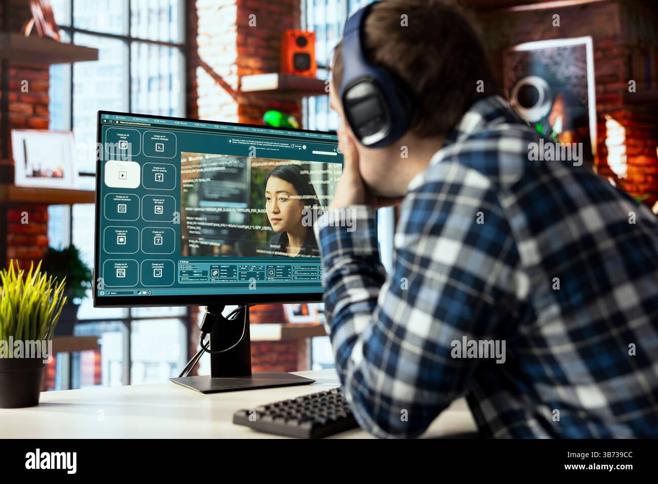 Man in home office uses generative artificial intelligence GPT with image understanding ...