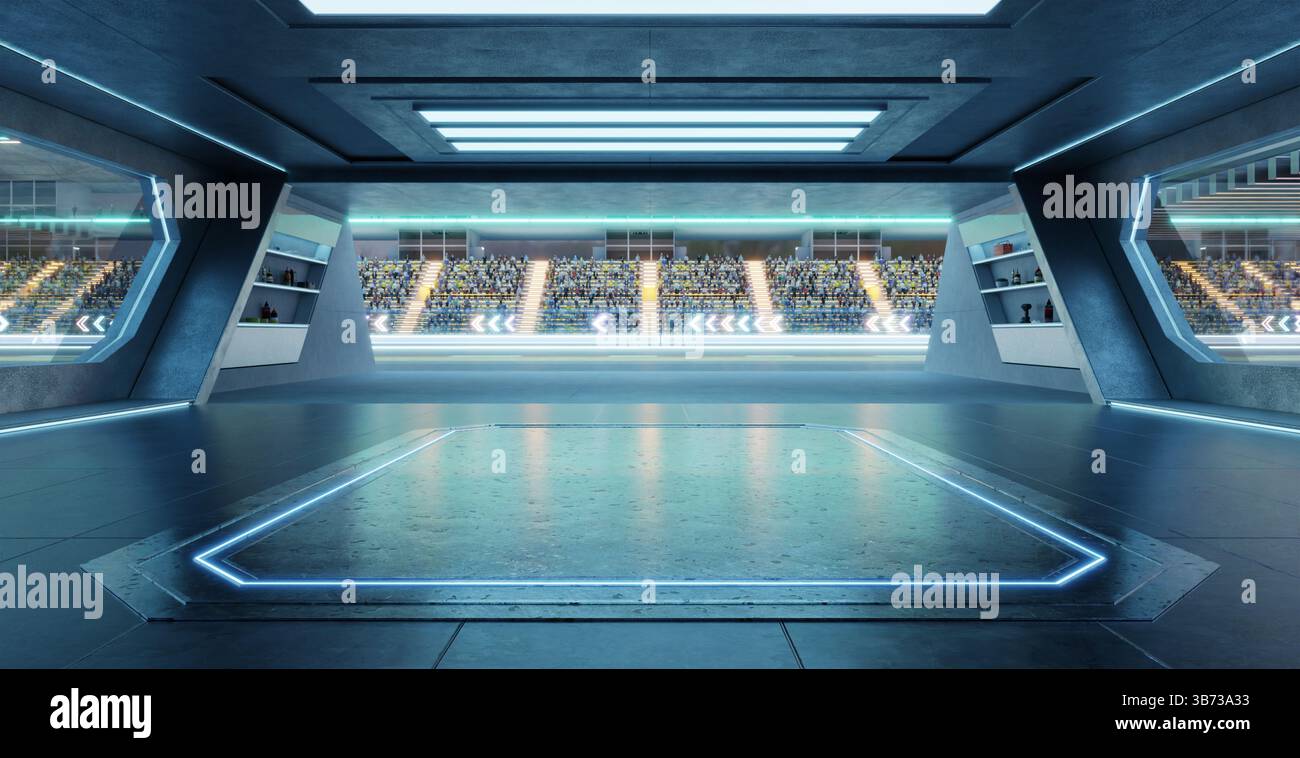Empty futuristic garage opening on a race track with audience cheering ...