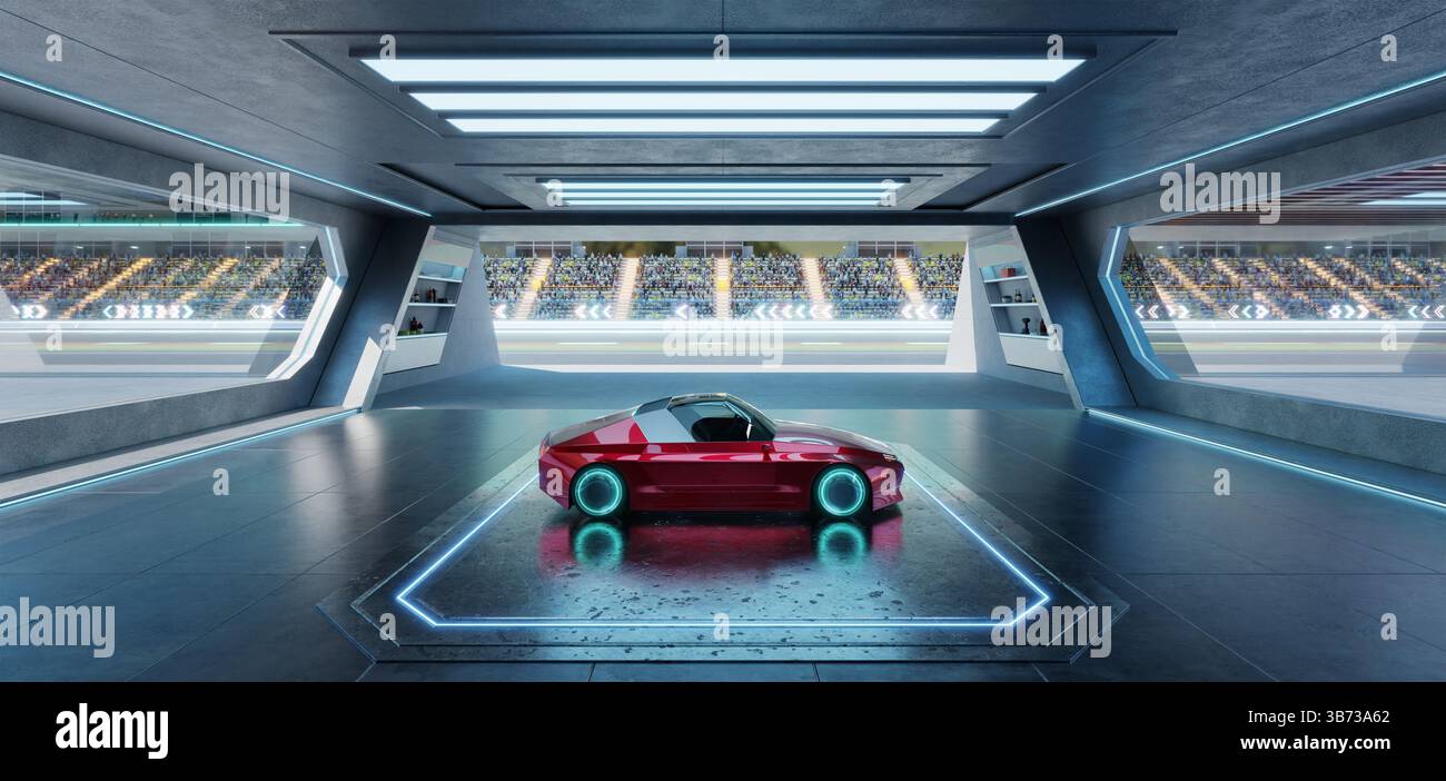 Sleek red racing car with glowing wheels sits in a modern garage overlooking a bustling race ...