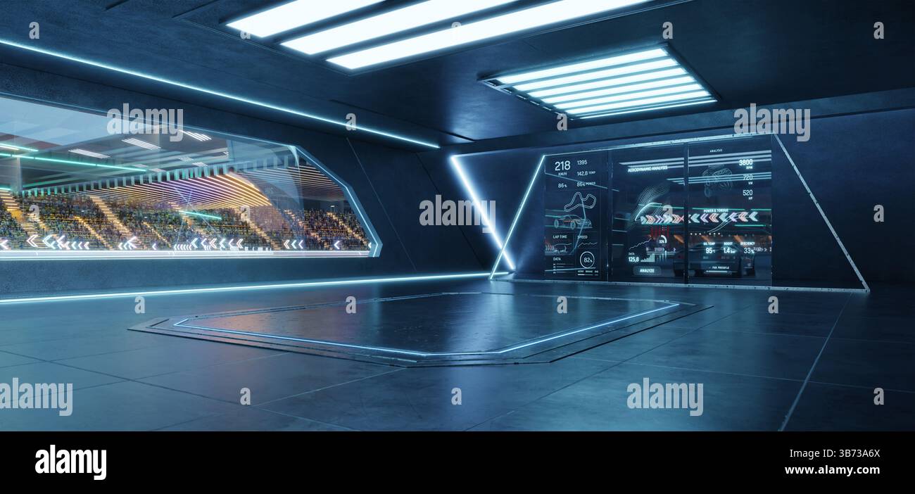 Futuristic garage with glowing neon lights showing race track and ...