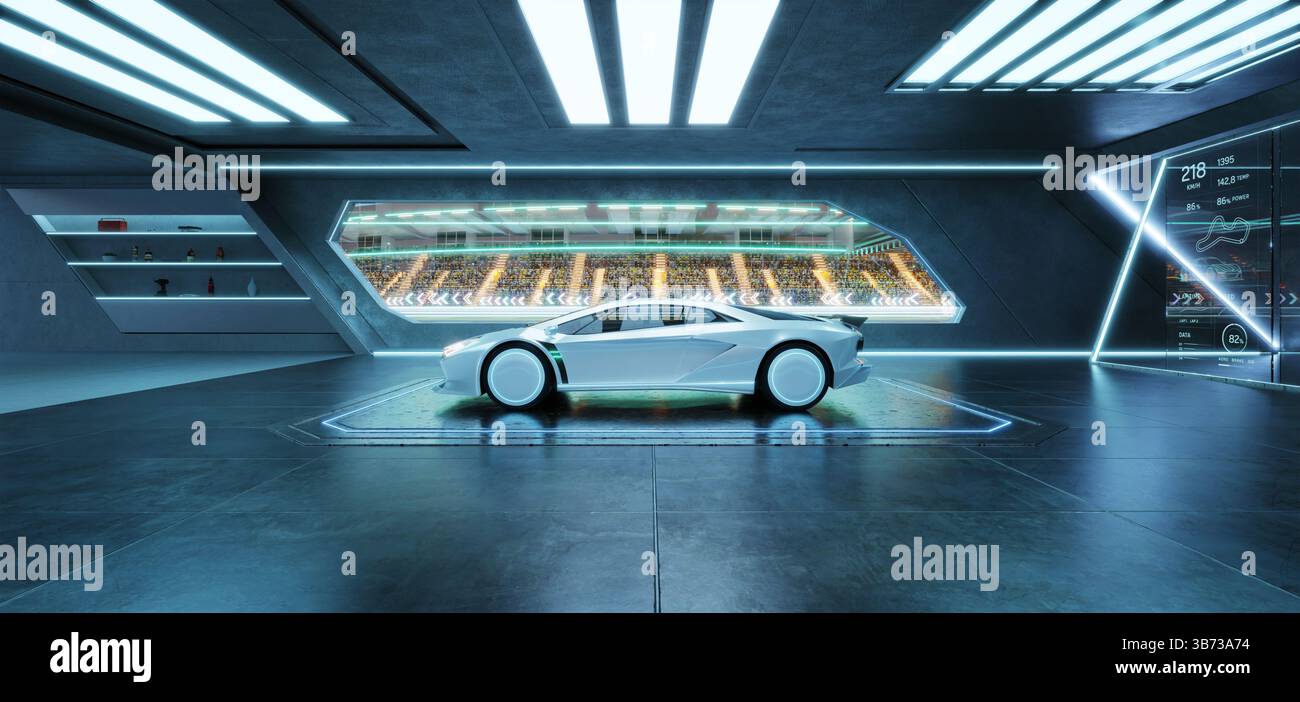 Futuristic white sports car parked in a high-tech garage with a large ...